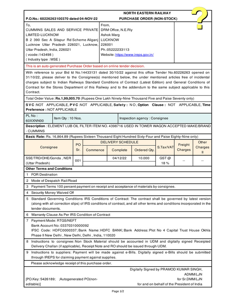 ELEMENT LUB OIL FILTER PO04112022 | PDF | Business