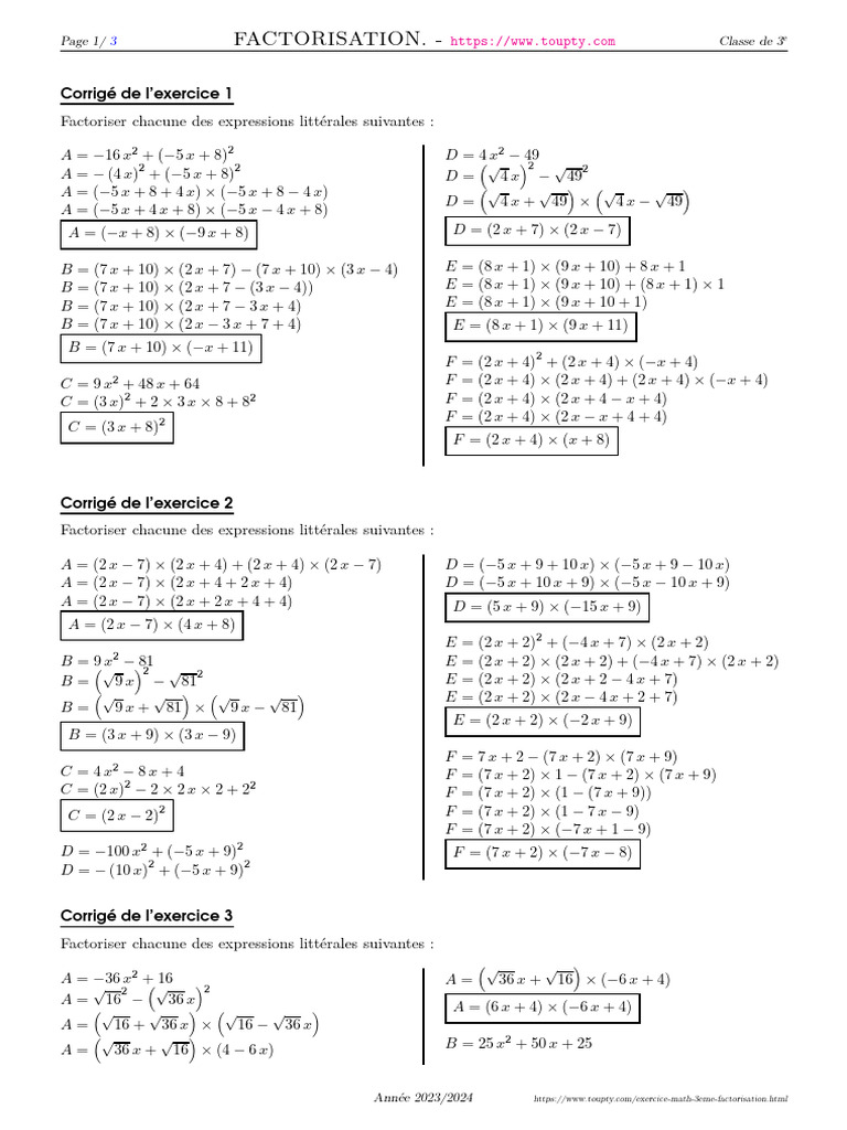 Exercice Factorisation 3eme 10 Corrige | PDF
