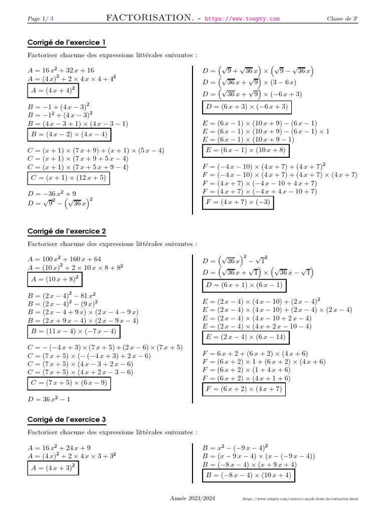Exercice Factorisation 3eme 6 Corrige | PDF