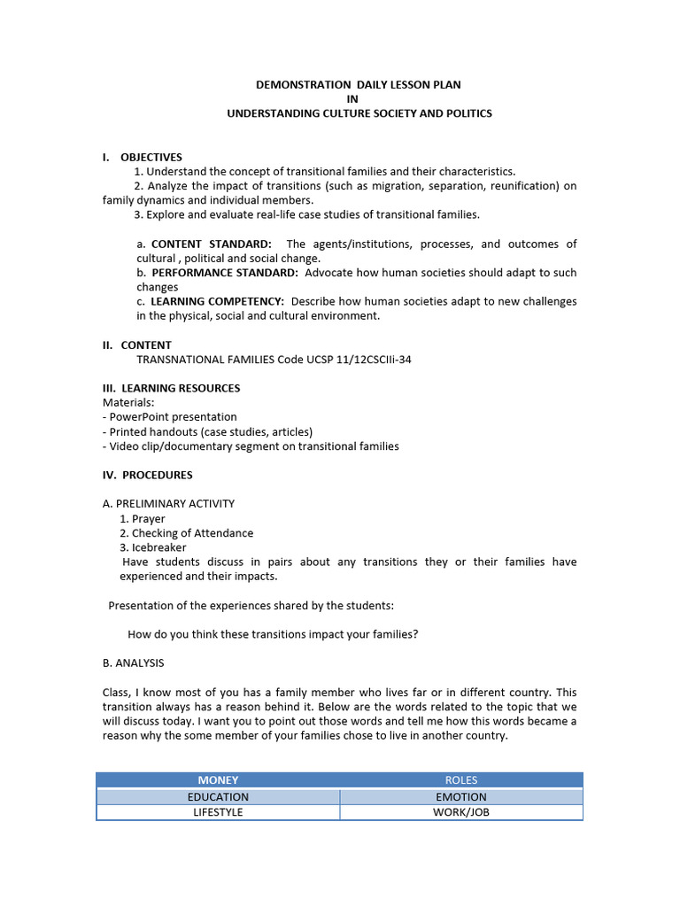 Demonstration Daily Lesson Plan | PDF | Migrant Worker | Family