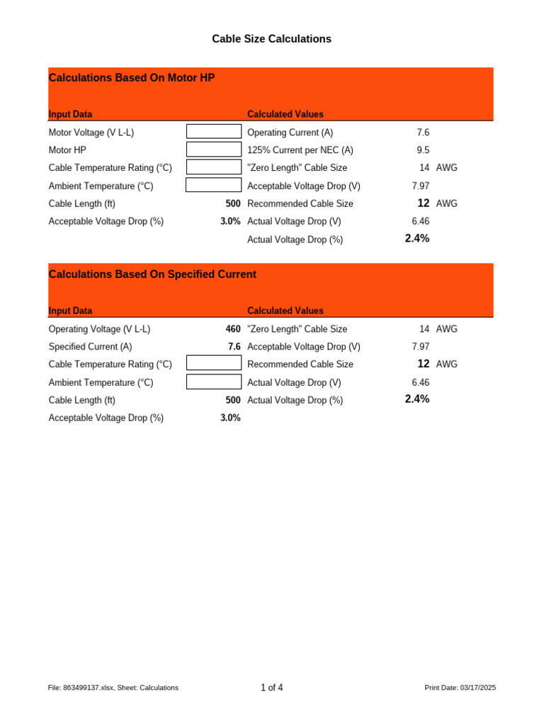 Cable Size Calculations Spreadsheet | PDF | Electronic Engineering ...