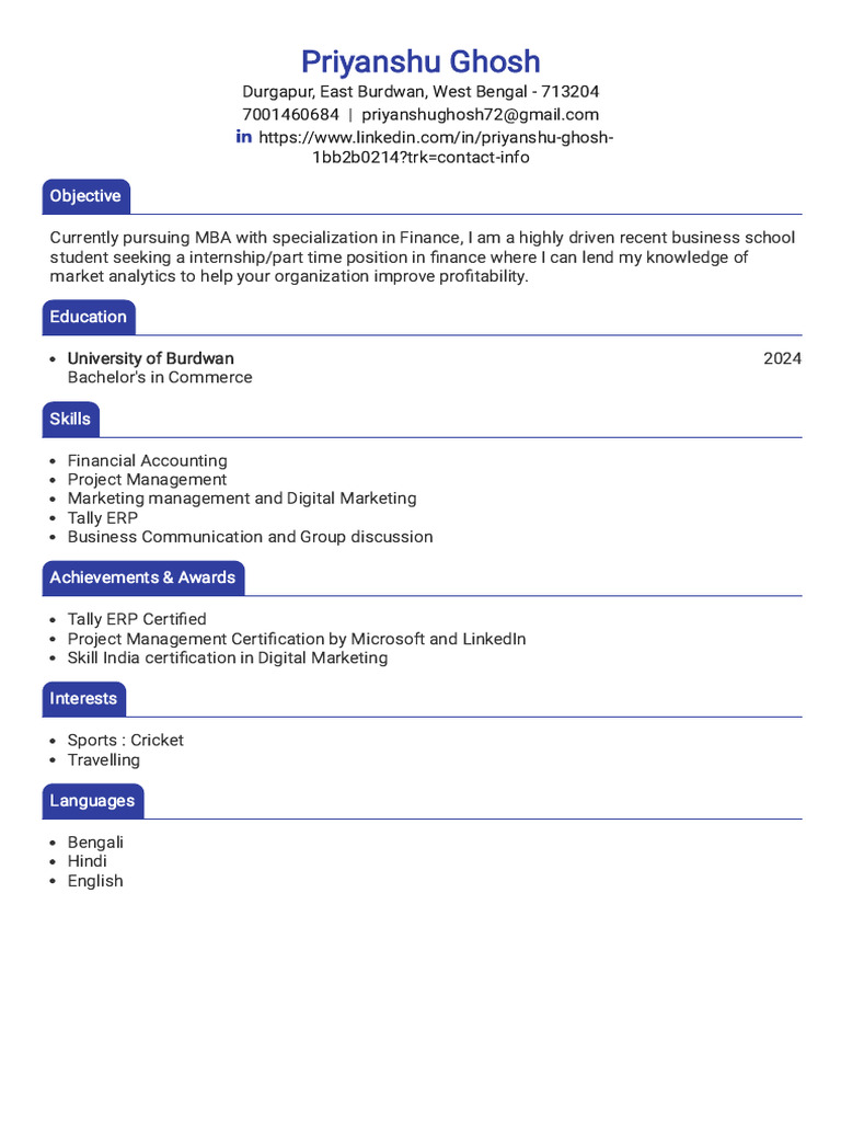 MBA Finance Intern Resume - Priyanshu Ghosh | PDF