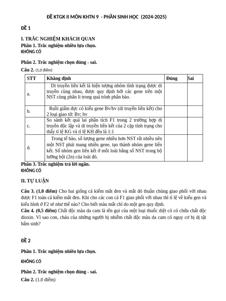 Đề Ktgk II Sinh -Môn Khtn 9 | PDF