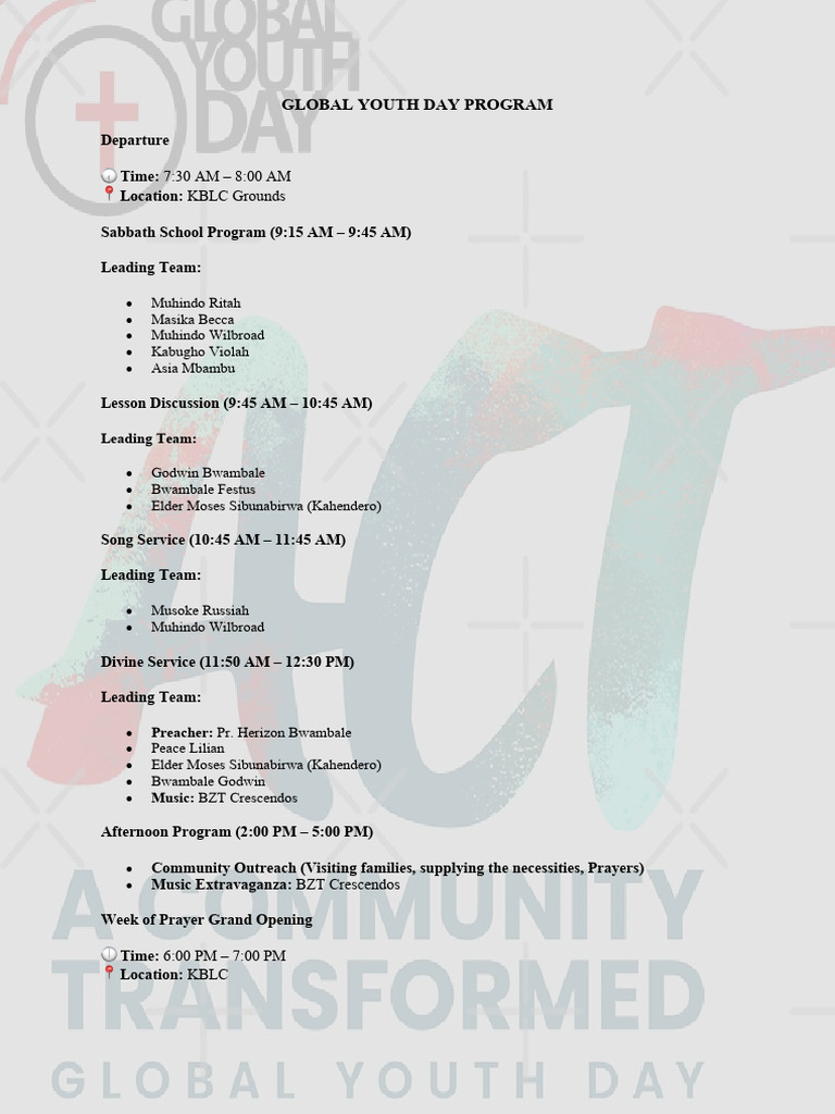 Global Youth Day Schedule 2023 | PDF
