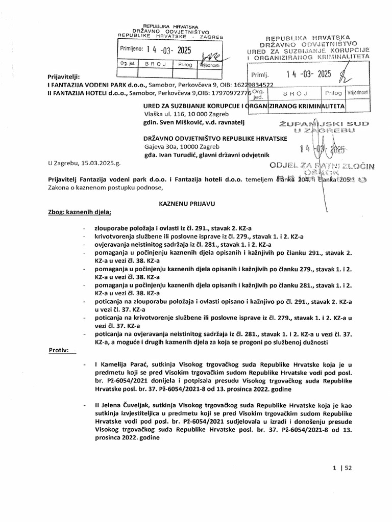 Kaznena Prijava Protiv Sutkinja Viskog Trgovačkog Suda Kamelija Parać, Jelena Čuveljak I Dr. | PDF