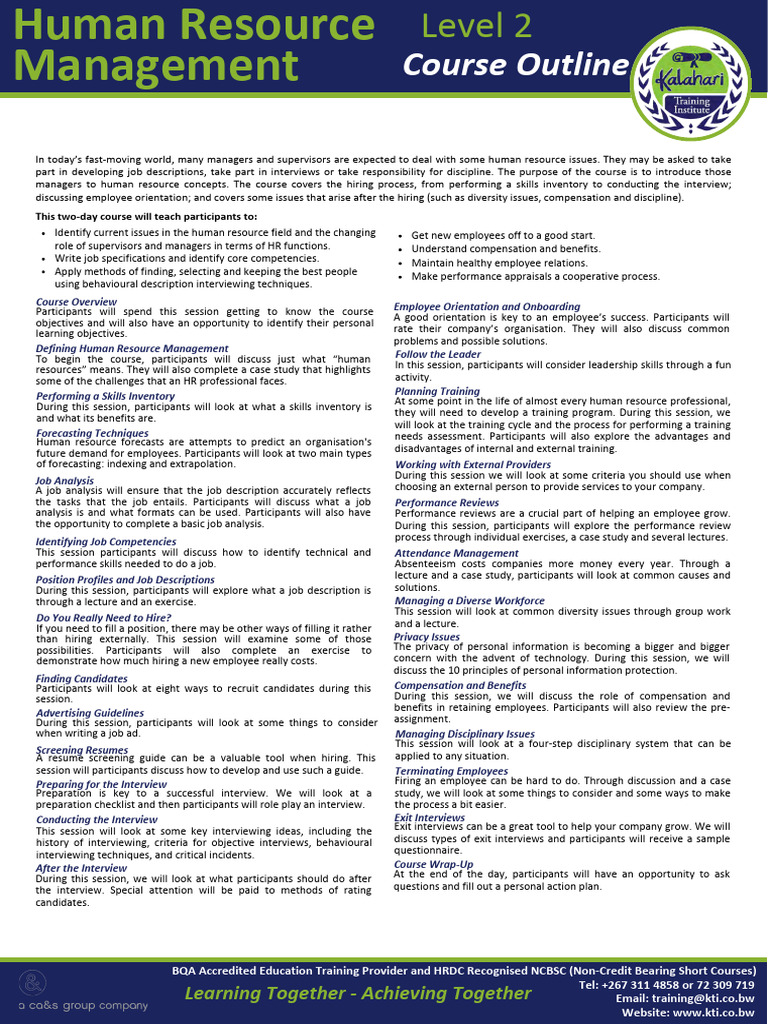 Level 2 Human Resource Management Course | PDF | Human Resource ...