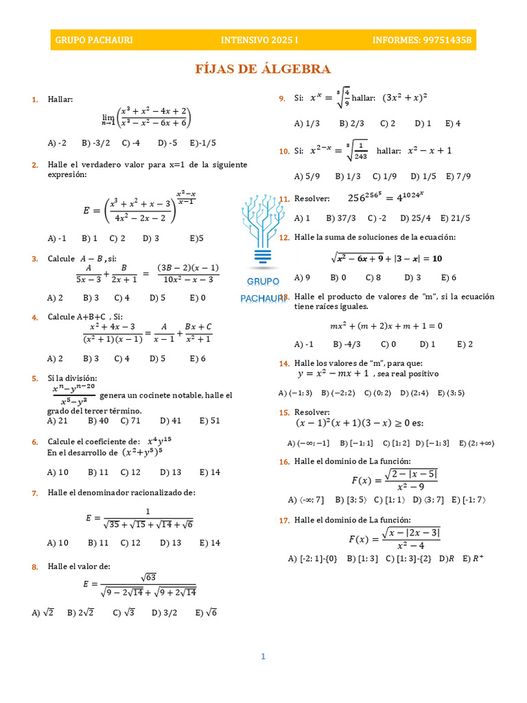 Ejercicios de Álgebra para Intensivo 2025 | PDF | Análisis numérico | Matemáticas