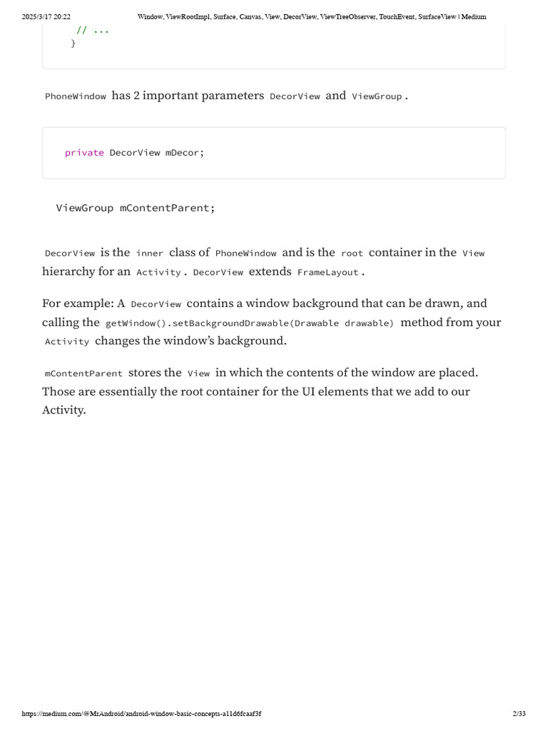 Window, ViewRootImpl, Surface, Canvas, View, DecorView, ViewTreeObserver, TouchEvent ...