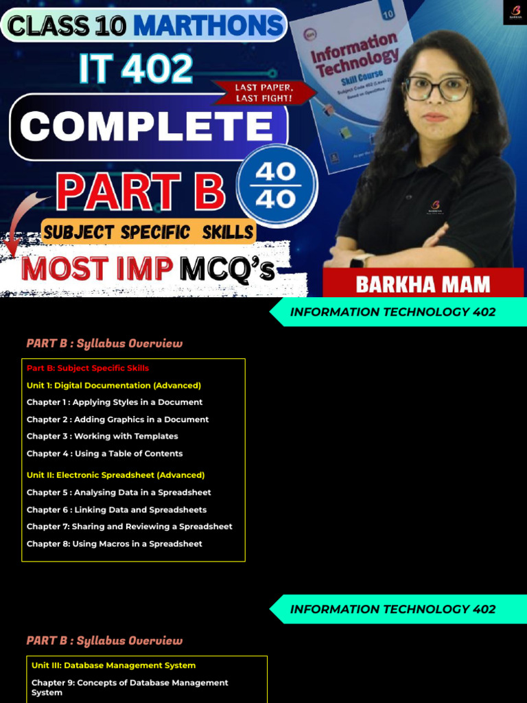 CBSE Class 10 IT Part B Top MCQs For Exam Preparation Barkha Mam | PDF | Databases | Sql