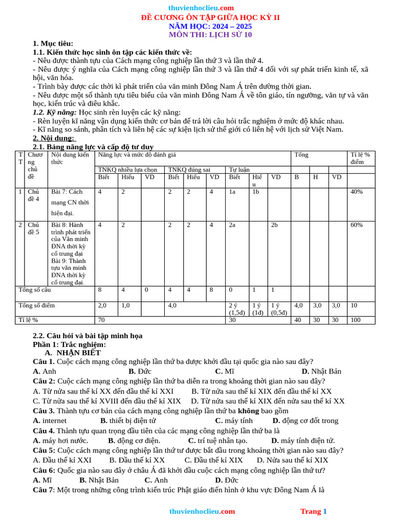 Thuvienhoclieu.com de Cuong Tap Giua HK2 Lich Su 10 KNTT 24 25 | PDF