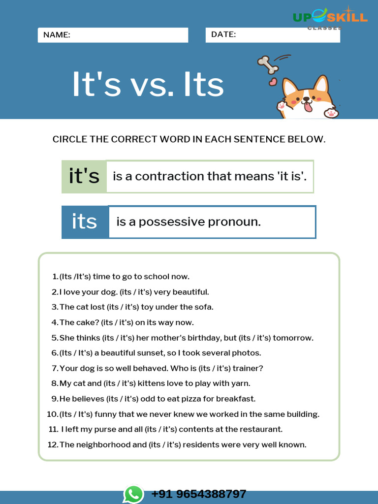 Commonly Confused Words English Worksheet Its vs. It's - UpSkill Classes | PDF