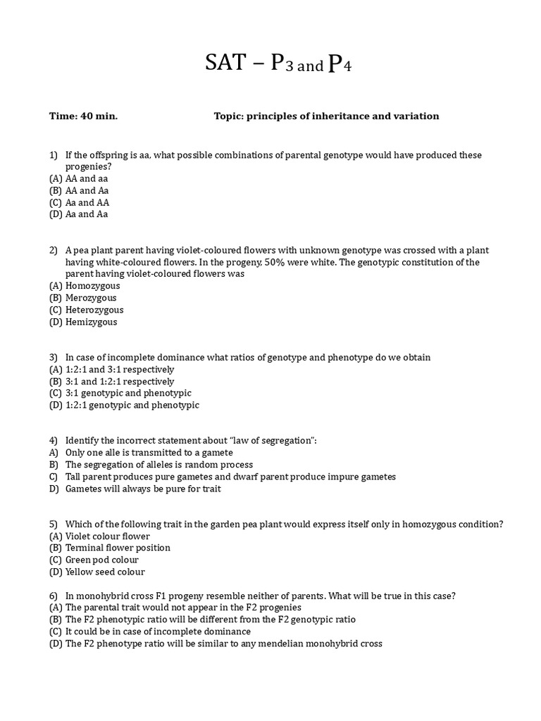 Inheritance Principles and Variation Quiz | PDF | Dominance (Genetics ...