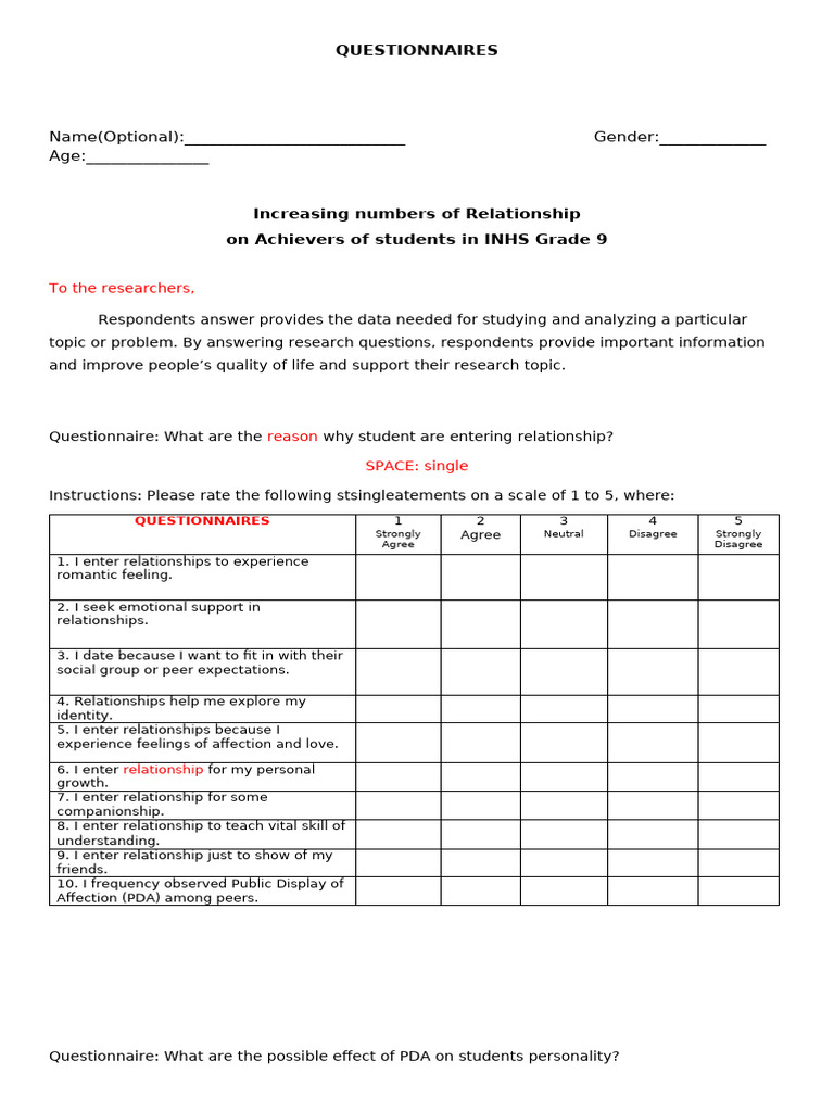Student Relationships and PDA Impact Survey | PDF | Questionnaire | Feeling