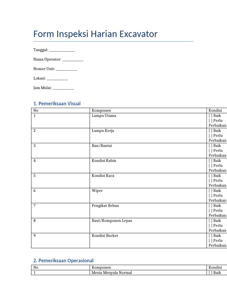 Inspeksi Harian Excavator | PDF