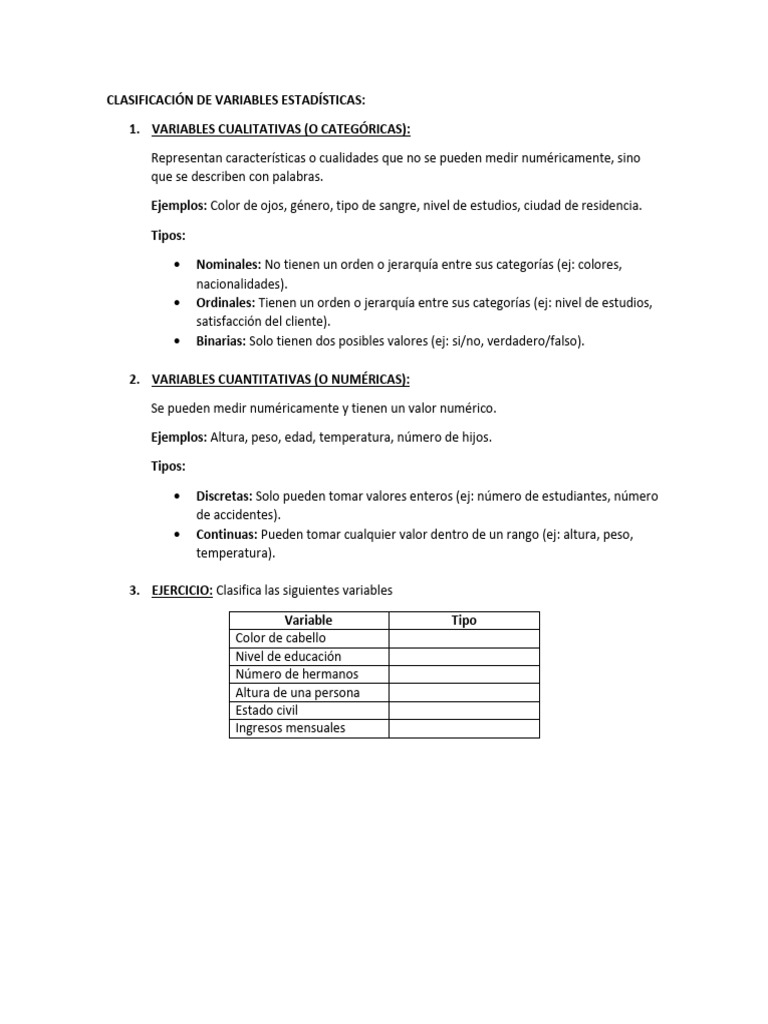 Clasificación De Variables Estadísticas Pdf