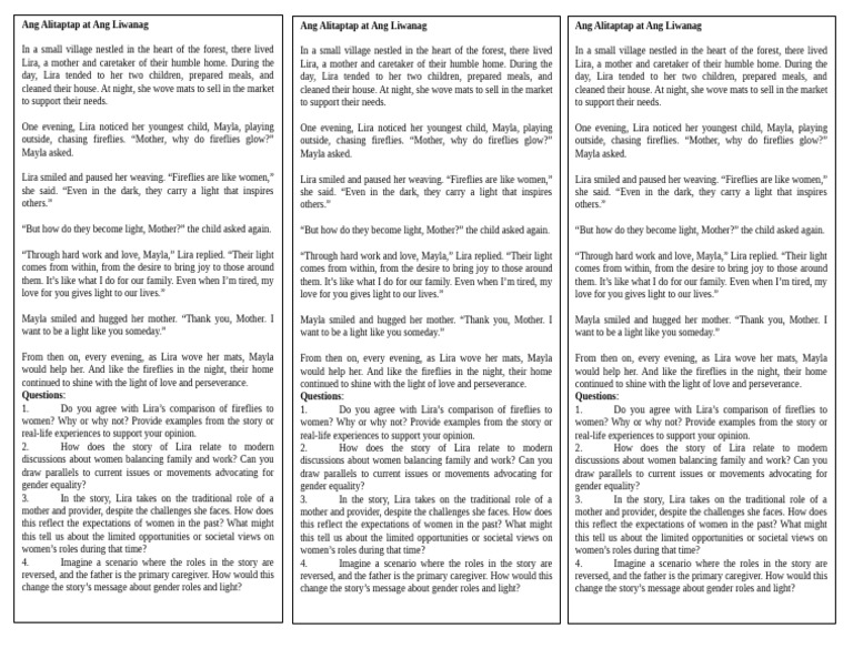 Ang Alitaptap at Ang Liwanag | PDF | Gender Role | Gender Equality