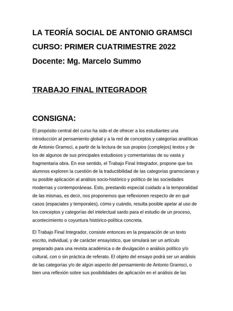 TSAG - Consigna Trabajo Final Integrador SUMMO | PDF | Antonio Gramsci | Ensayos