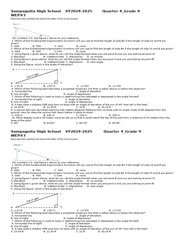 Grade 9 Trigonometry Quiz WEP#3 | PDF | Angle