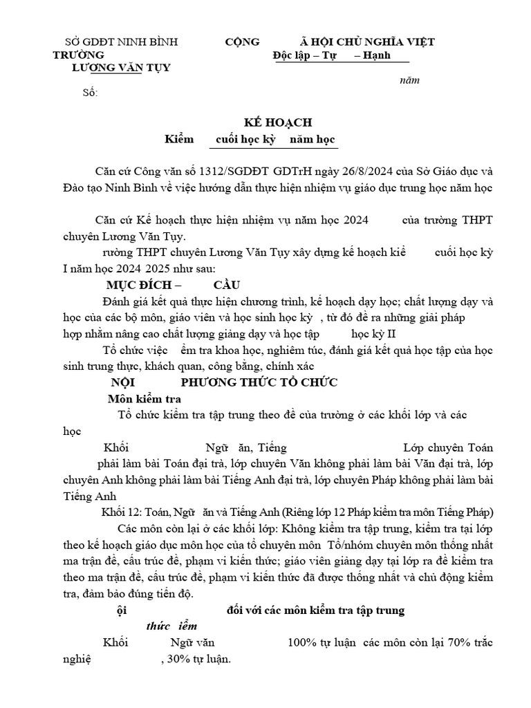 Ke Hoach Kiem Tra Hoc Ky 1 Nam Hoc 2024 2025 | PDF
