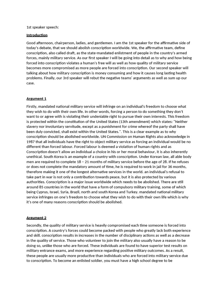 1st Speaker Speech - HISTORY DEBATE | PDF | Military Service | Conscription