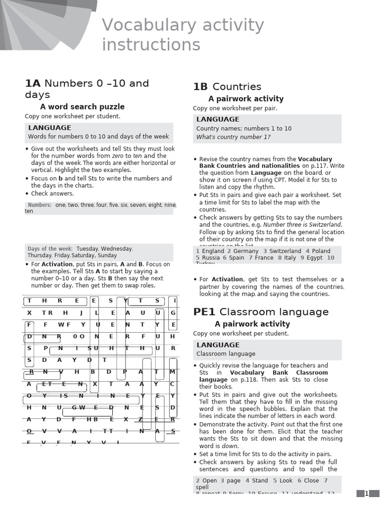 A1 - ANSWERS & Instructions - VOCABULARY ACTIVITIES | PDF | Crossword ...