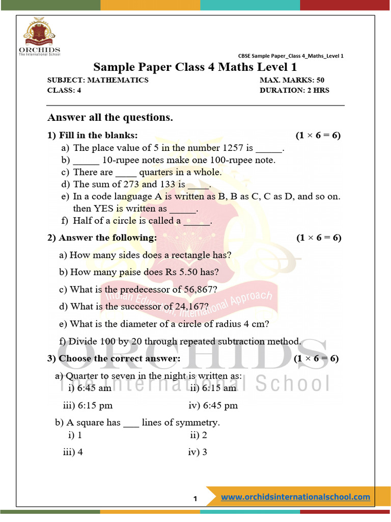 Class 4 Maths Sample Paper | PDF | Area | Mathematics