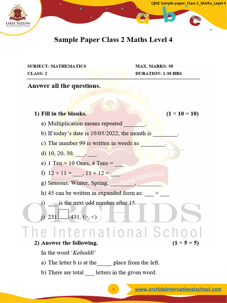 Question Sample Paper Class 2 Maths Level 3 | PDF | Mathematics