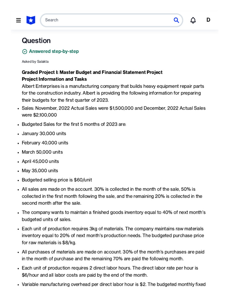 (Solved) Graded Project I - Master Budget and Financial Statement Project Project Information ...
