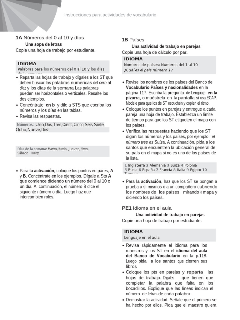 Instrucciones para Actividades de Vocabulario | PDF