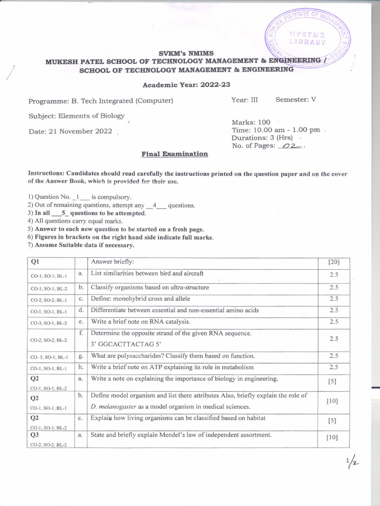Elements of Biology Batch 2022 Final0001 CgzUT3ouY1 | PDF