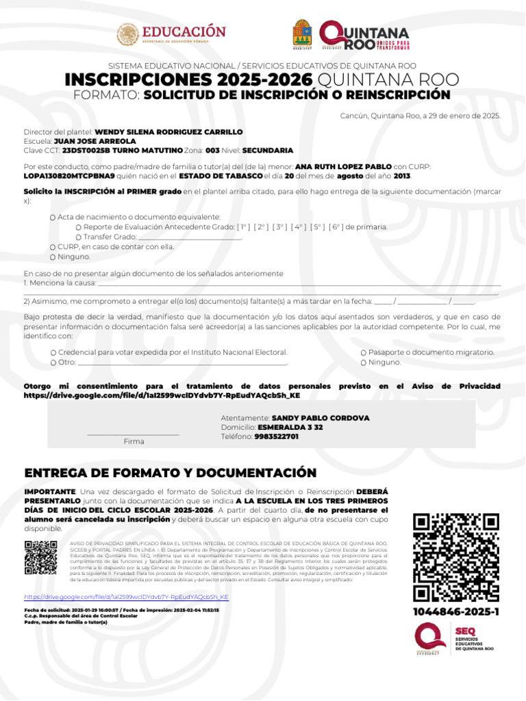 Formato - Ana Rut Inscripsicion270617815 | PDF | Privacidad