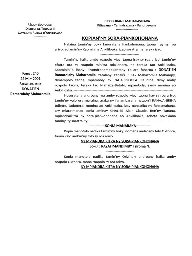 KOPIA DONATIEN Ramarolahy Mahazomila | PDF
