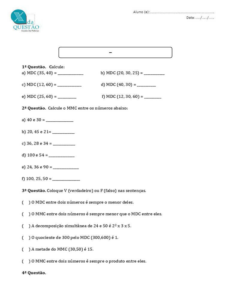 Lista 08 6º Ano MMC e MDC | PDF | Tempo