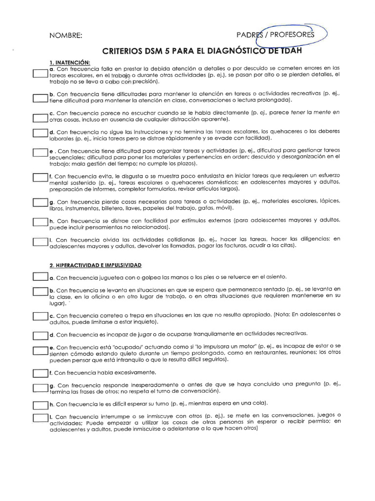 TDAH Criterios DSM 5 profesores | PDF