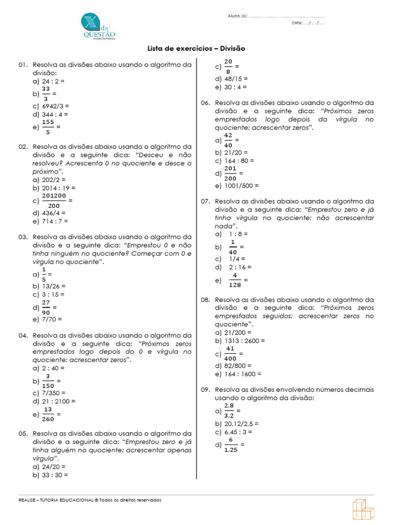 Lista de Exercicios Divisao | PDF | Decimal | Números