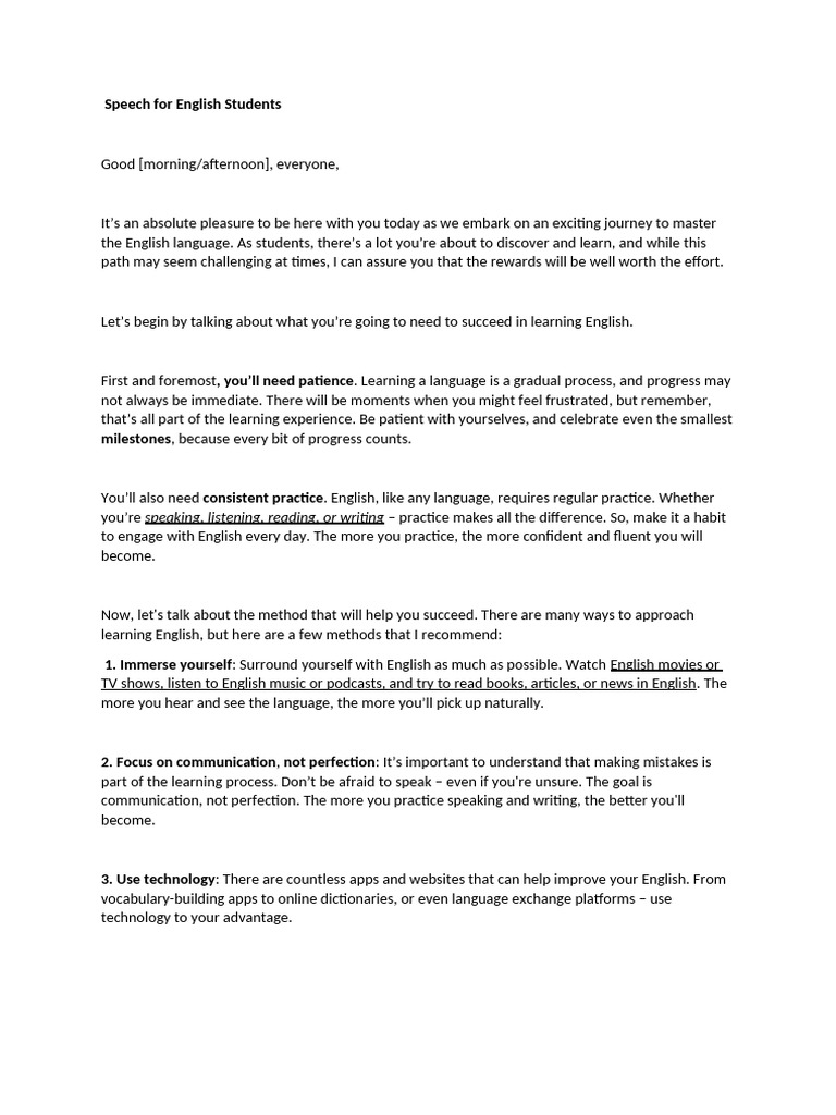 Speech For English Students | PDF | English Language | Human Communication