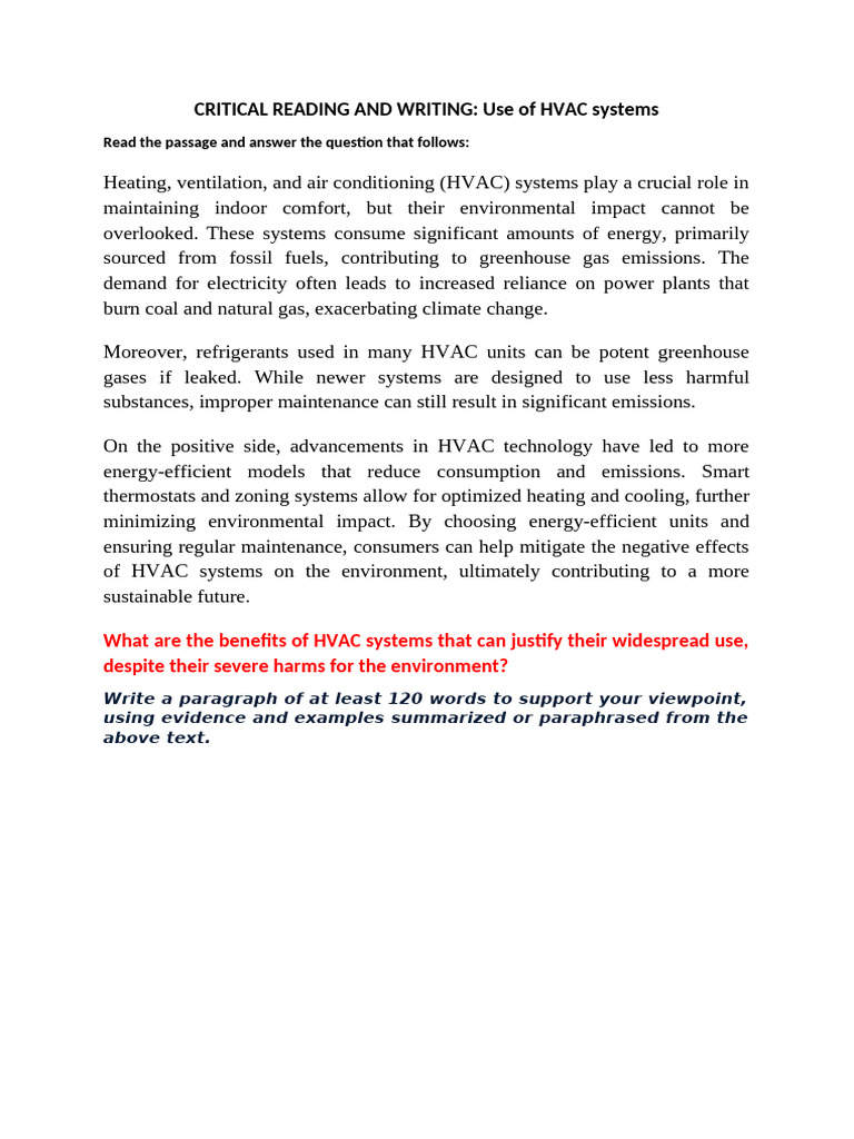 CRITICAL READING AND WRITING. Use of HVAC Systems | PDF