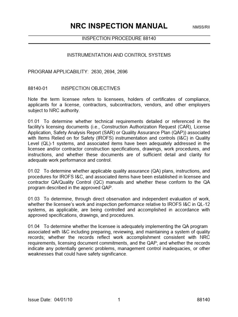 NRC Inspection Procedure for I&C Systems | PDF | Calibration | Quality ...