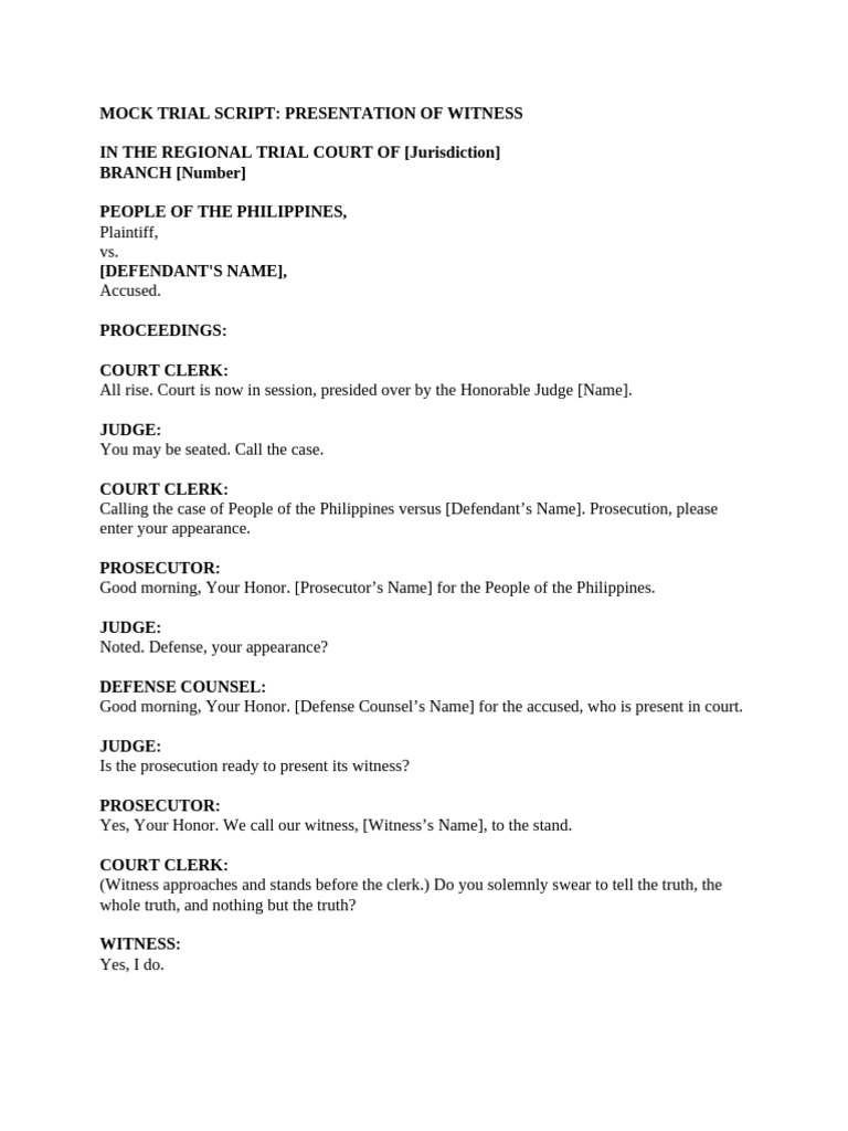 MOCK TRIAL - Presentation of Witness | PDF | Prosecutor | Witness
