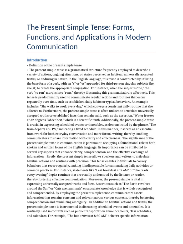 The Present Simple Tense_ Forms, Functions, and Applications in Modern Communication | PDF ...