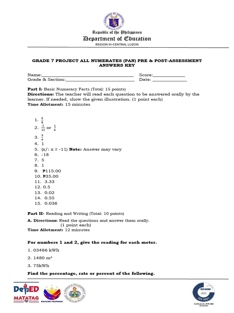Grade 7 Key-To-Correction - Pre&post-Assessment | PDF