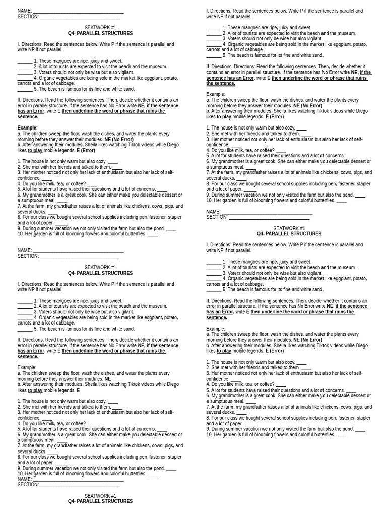 Parallel Structure Quiz Worksheet | PDF | Foods | Cuisine