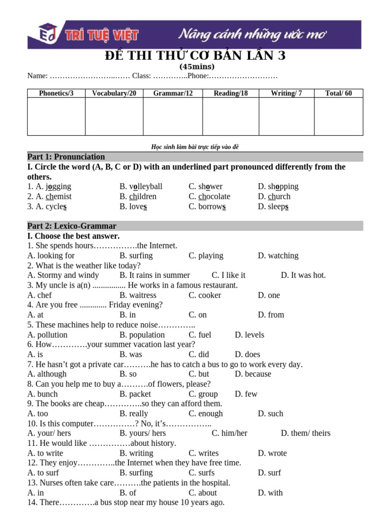 ĐỀ THI THỬ LẦN 0.3 CƠ BẢN TTV | PDF