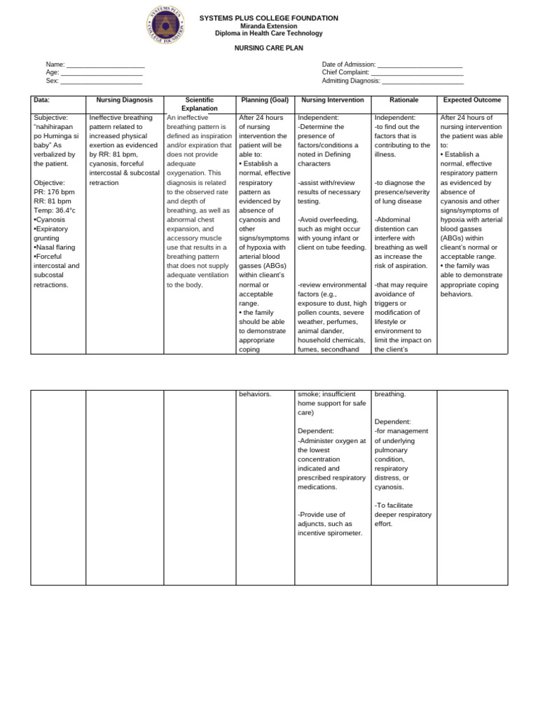 Nursing Care Plan for Ineffective Breathing | PDF | Breathing ...