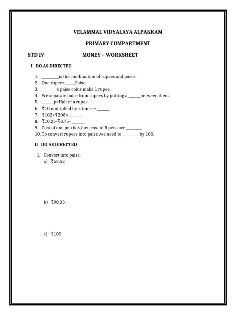 Class 4 Money Worksheet Activities | PDF