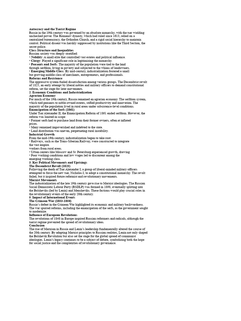 Tsarist Autocracy and Social Change in Russia | PDF | Vladimir Lenin ...