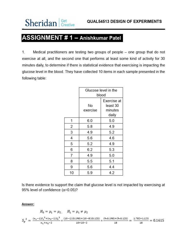 ASSIGNMENT 1 (Design of Experiments) - Anishkumar Patel - 991700248 | PDF | Null Hypothesis ...