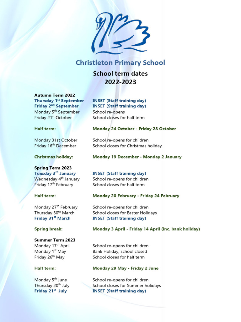 Christleton Primary School Term Dates 2022-2023 | PDF