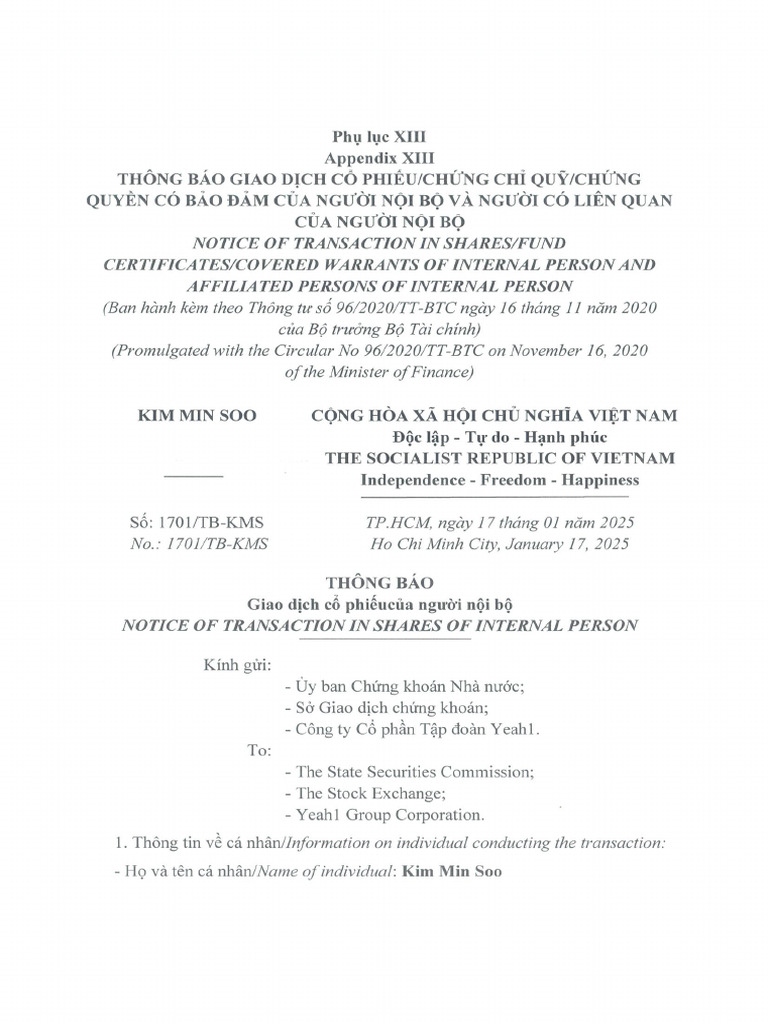 YEG Thong Bao Giao Dich CP Cua NNB Kim Min Soo CBTT | PDF