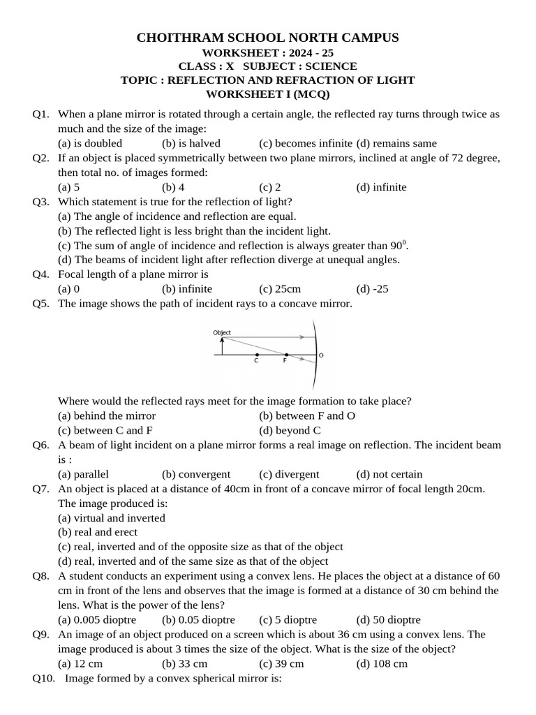 14 Physics Class X Worksheet On Reflection and Refraction of Light ...